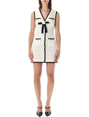 SELF-PORTRAIT Button-down Front Dress With Contrast Trims And Floral Brooch - Bianco