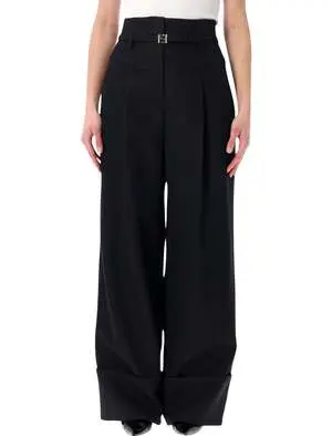 Fendi Wool High-waisted Pleated Wide-leg Trousers With Ff Buckle Belt - Black