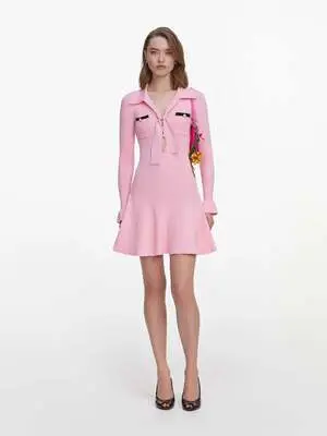 SELF-PORTRAIT Button-front Knit Dress With Contrast Trims - Rosa