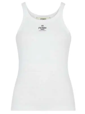 Fendi Ribbed Slim Fit Sleeveless Top With Logo - Bianco