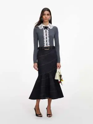 SELF-PORTRAIT Button-front Wool Sweater With Lace Trim And Bow Detail