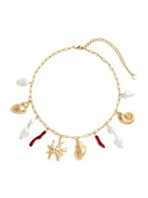 SELF-PORTRAIT Charm Necklace With Faux Pearls And Coral Accents - Oro