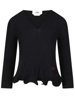 Fendi Long-sleeved V-neck Wool Top With Embroidered Logo - Black