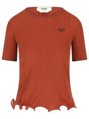 Fendi Ribbed Knit Crew Neck Top With Wave Hem And Embroidered Logo - Red