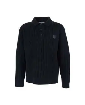 Maison Kitsuné Ribbed Wool Polo Jumper For - Black