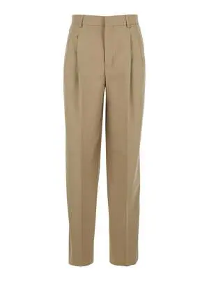 AMI Paris Pleated Wide-leg Trousers - Beige