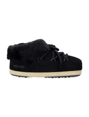 Moon Boot Suede Flat Mini Boot With Sheepskin Trim - Black