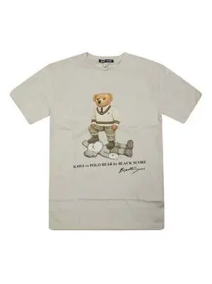 BLACK SCORE V-neck Kaws Graphic Polo T-shirt For - Beige