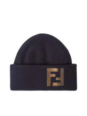 Fendi Wool And Cashmere Beanie With Logo Intarsia - Blue