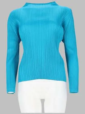 Issey Miyake Long Sleeve Mock Neck Pleated Top - Blue