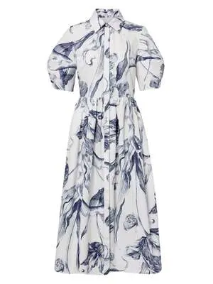 Erdem Floral Print Short Sleeve Cotton Midi Dress - White
