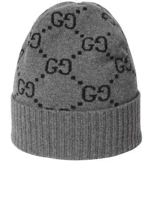 Gucci Gg Jacquard Cashmere Beanie With Brim And Cuff - Black