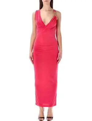 Balmain Draped Deep V-neck Gown With Gold-tone Chain Detail - Fuchsia