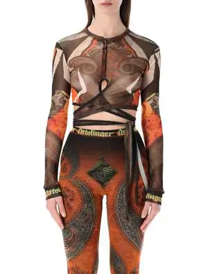 Ottolinger Fitted Geometric Print Sheer Longsleeve Top With Wrap Ties - Brown