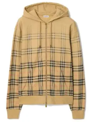 Burberry Cotton Checked Full Zip Hoodie - Beige