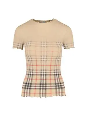Burberry Short-sleeved Ribbed Top With Gathered Edges And Check Print - Beige