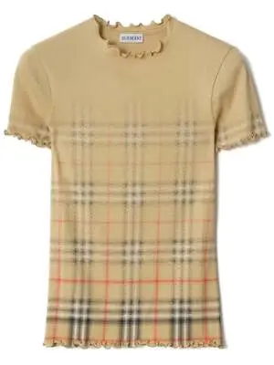 Burberry Short-sleeved Ribbed Top With Gathered Edges And Check Print - Beige