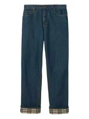 Burberry Cotton Jeans With Check Patterned Hem - Denim Blue