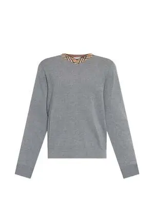 Burberry V-neck Knit Sweater With Check Trim