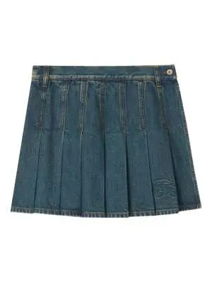 Burberry Equestrian Embroidered Denim Mini Skirt - Blue