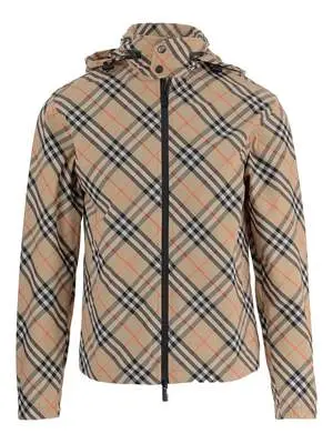 Burberry Zip-up Hooded Jacket With Drawcord And Cuffs In Iconic Check - Beige