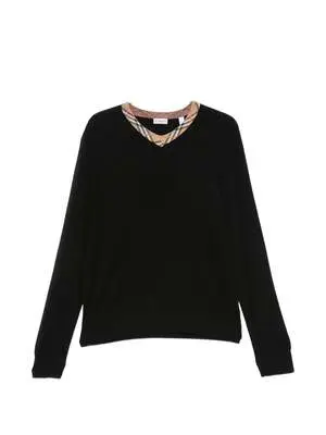 Burberry Knit V-neck Sweater With Check Trim - Nero