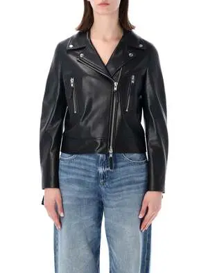 SWORD 6644 Cropped Zip-front Leather Jacket - Black