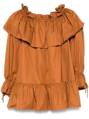 Saint Laurent Off-the-shoulder Ruffled Cotton Dress - Brown