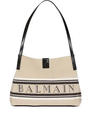 Balmain Small Release Shopper Bag In Canvas And Calfskin - Beige