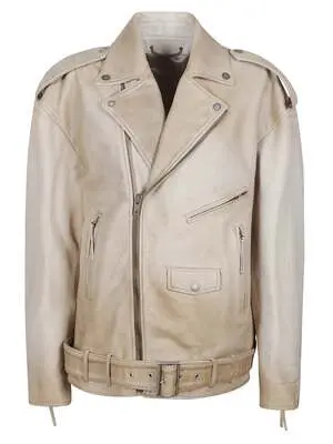 GOLDEN GOOSE Leather Biker Jacket With Buckled Belt And Shoulder Pads - Beige