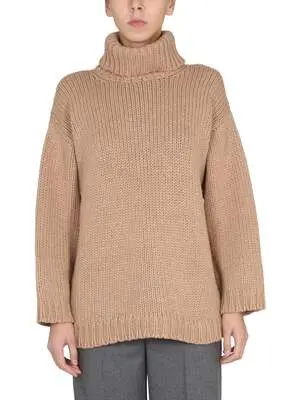 Red Valentino High Neck Ribbed Wool And Lurex Blend Sweater - Beige