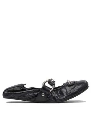 Balenciaga City Leather Ballerinas With Silver Stud Detailing - Black