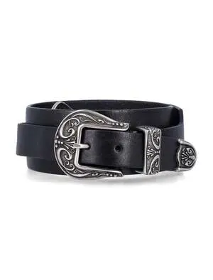 GOLDEN GOOSE Washed Leather Belt With Silver Double Buckle - Black