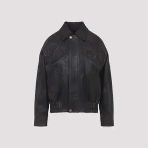GOLDEN GOOSE Nappa Leather Bomber Jacket With Floral Embroidery - Black