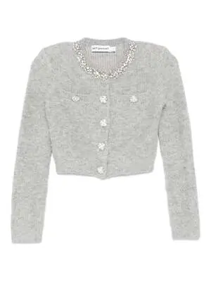 SELF-PORTRAIT Crystal-embellished Ribbed-knit Cardigan - Grey