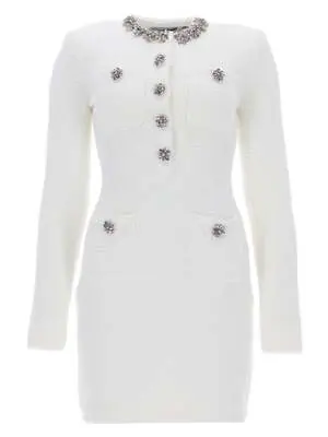 SELF-PORTRAIT Crystal Trim Knit Mini Dress - White