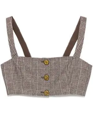 SELF-PORTRAIT Checkered Button-up Top With Gathered Back - Brown