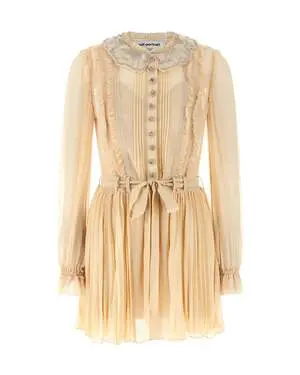 SELF-PORTRAIT Embellished Collar Pleated Mini Dress - Tan