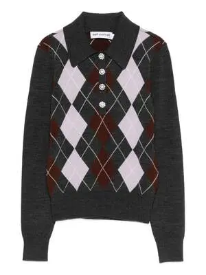 SELF-PORTRAIT Argyle Wool Polo Top With Rhinestone Buttons - Grey