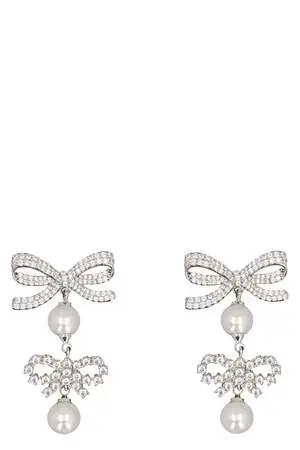 SELF-PORTRAIT Double Bow Pearl Crystal Earrings - Silver