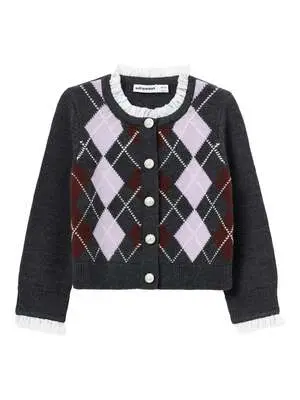 SELF-PORTRAIT Argyle Diamond Pattern Cardigan With Ruffled Collar And Hem