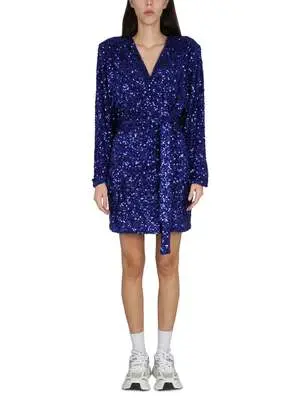 ROTATE BY BIRGER CHRISTENSEN V-neck Sequined Mini Dress With Adjustable Belt - Blue