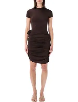 ROTATE BY BIRGER CHRISTENSEN Refined Ruched Mini Dress With Sculptural Rosette - Coffe