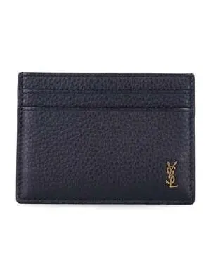 Saint Laurent Tiny Cassandre Card Case In Grained Leather - Blue