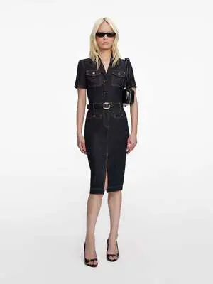 SELF-PORTRAIT Stretch Midi Dress With Removable Belt And Front Slit - Blue