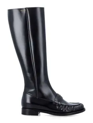 Prada Brushed Leather Knee-high Loafer Boots