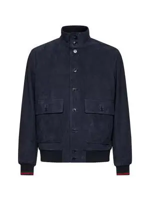 Gucci Stand Collar Drop Shoulder Leather Jacket With Web Trim - Blue