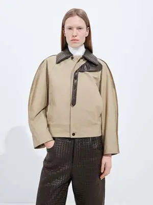 Bottega Veneta Relaxed Fit Lightweight Cotton Jacket With Woven Leather Collar