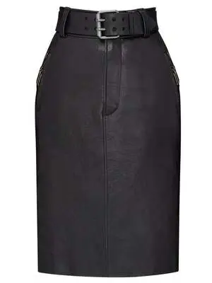 Saint Laurent Belted Pencil Skirt In Grained Leather - Black
