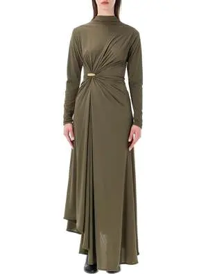 Bottega Veneta Elegant Sculptural Dress With High Neck And Brooch Size - Camo